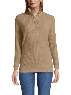 LANDS' END Long Sleeve Waffle Quarter Zip Pullover - Light Toffee Heather