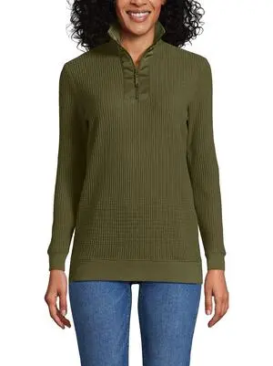 LANDS' END Long Sleeve Waffle Quarter Zip Pullover - Olive Drab