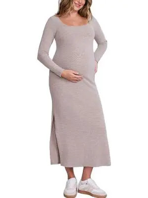 Motherhood Maternity Square Neck Rib Knit Maxi Dress - Oatmeal Stripe