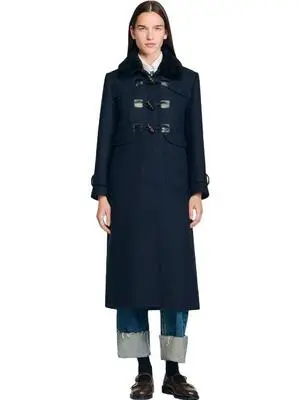 Sandro Long Coat With Removable Shearling Collar - Navy Blue
