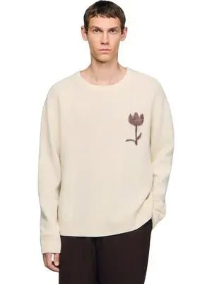 Sandro Wool Sweater With Flower Applique - Butter Cream