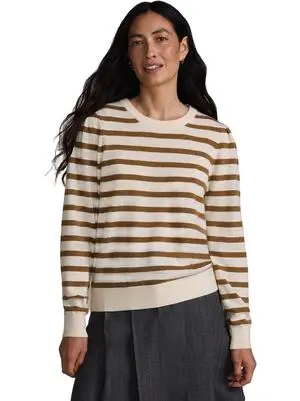 LANDS' END Cashmere Puff Sleeve Crew Neck Sweater - Ivory/camel Breton