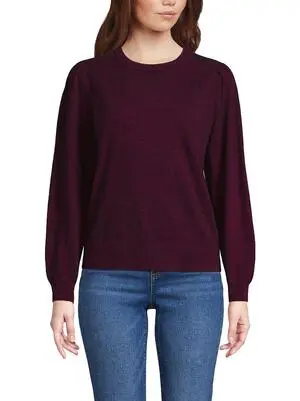 LANDS' END Cashmere Puff Sleeve Crew Neck Sweater - Light Raspberry Sorbet Heather