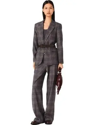 Maje Checkered Belted Suit Jacket - Grey