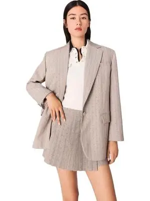 Maje Rhinestone Striped Suit Blazer - Light Grey