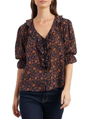 PANEROS CLOTHING Chloe Cotton Ruffle Shirt - Navy Batik