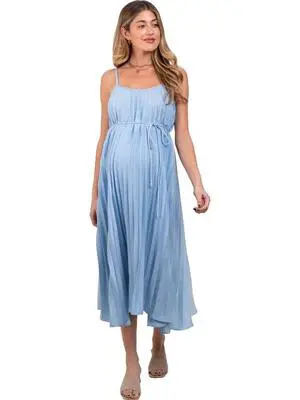 PINKBLUSH Pleated Sash Tie Maternity Midi Dress - Light Blue