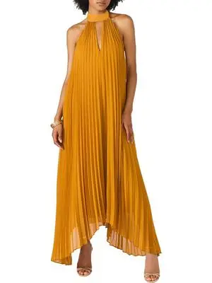 Steve Madden Maraya Pleated Halter Maxi Dress - Tuscan Gold