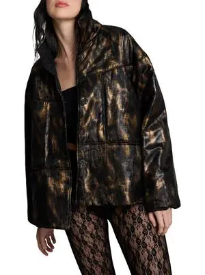 KENNETH COLE Animal Print Foiled Satin Puffer Jacket - Black/marsh Brown