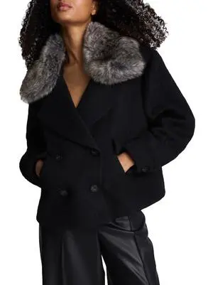 KENNETH COLE Cropped Peacoat With Faux Fur Collar - Black