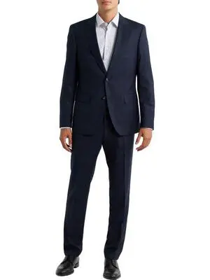 BOSS Huge Slim Fit Windowpane Check Navy Wool Suit - Dark Blue