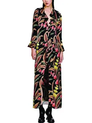 Anna Sui Feather Fern Ruffle Tie Dress - Black Multi