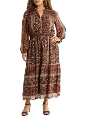 GIBSONLOOK Printed Smocked Long Sleeve Maxi Dress - Multi Spice Border Print