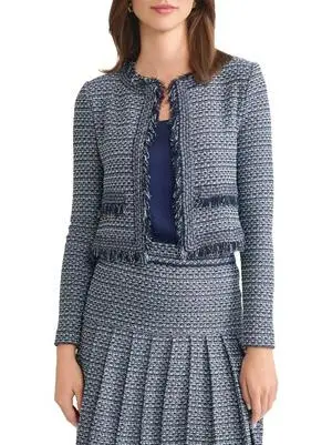 Misook Fringe Trim Tweed Jacket - Moonlit Navy/blue Frost/black