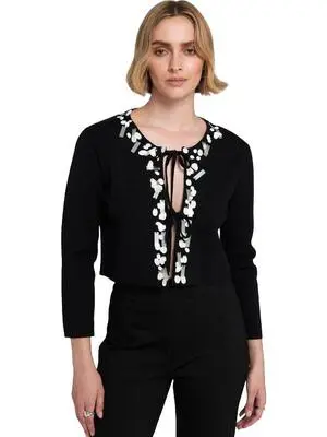 ELLE COLLECTION Sequin Tie Front Cardigan Embroidered Sweater - Black/cream