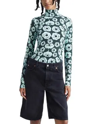 Marimekko Armas Tumma Floral Turtleneck Top - Dark Green Turquoise Black
