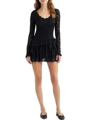 LoveShackFancy Rhea Lace Long Sleeve Mini Dress - Black