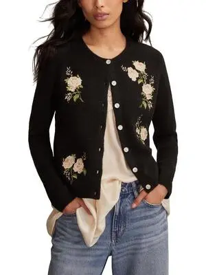 Lucky Brand Embroidered Cardigan Caviar