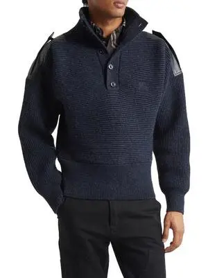Burberry Leather Trim Ribbed Wool-blend Turtleneck Sweater - Tarmac Grey