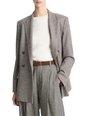 Vince Houndstooth Double Breasted Wool Blend Blazer - Cacao Houndstooth