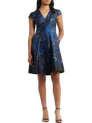 Vince Camuto Metallic Floral Jacquard Fit & Flare Dress - Sapphire
