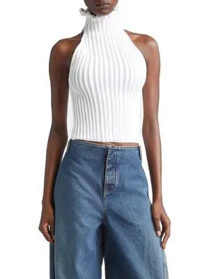 Alaïa Curled Trim Rib Top - Blanc