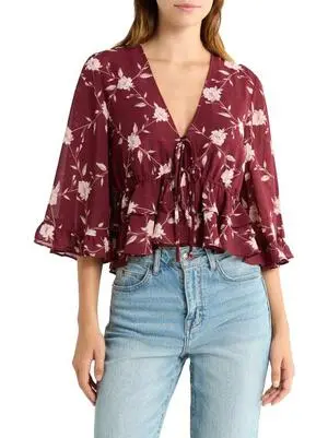 WAYF Floral Blouse With Ruffle Details - Burgundy Lattice