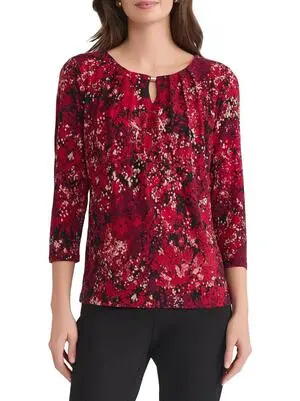 KASPER Pleated Floral Top - Black Multi