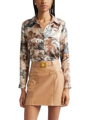 L'Agence Tyler Printed Silk Shirt - Tan Mt Western Toile