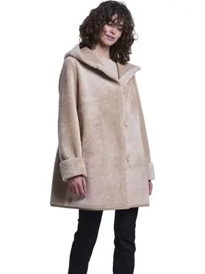 BLUE DUCK Genuine Shearling Reversible Hooded Coat - Beige