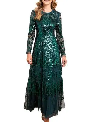 NEEDLE & THREAD Aurora Long Sleeve Gown - Emerald
