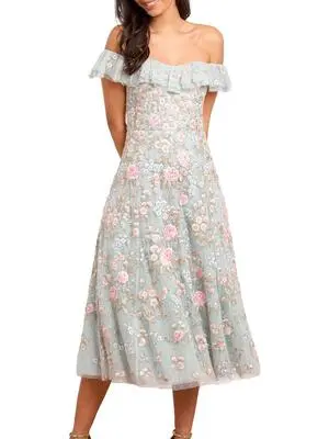 NEEDLE & THREAD Floral Embroidered Ballerina Midi Dress - French Blue