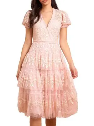NEEDLE & THREAD Layered Lace V-neck Midi Dress - Dusk Pink/cream