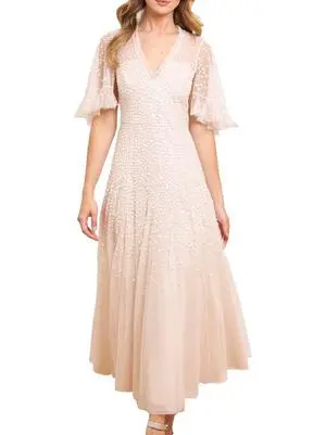 NEEDLE & THREAD Sequin Cape Ankle Gown - Cream