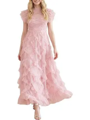 NEEDLE & THREAD Genevieve Ruffle Short Sleeve Maxi Gown - Ballerina Pink
