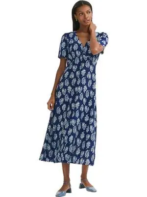 FINERY LONDON Printed Crepe Midi Dress - Navy Woodblock