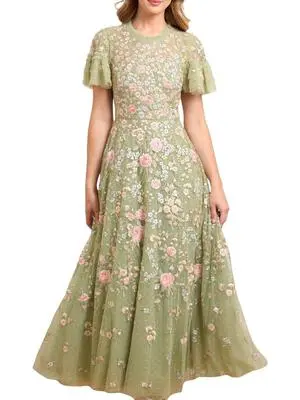 NEEDLE & THREAD Antoinettes Floral Ankle Gown - Meadow