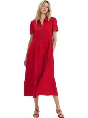 FINERY LONDON Orion Zip Front Midi Shirt Dress - Red
