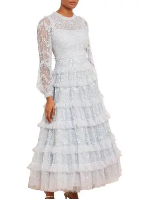 NEEDLE & THREAD Blossom Long Sleeve Lace Ankle Gown - Cloud