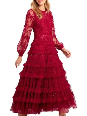 NEEDLE & THREAD Blossom Long Sleeve Lace Ankle Gown - Red