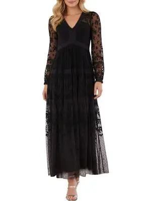 NEEDLE & THREAD Celestia Ribbon Long Sleeve V-neck Gown - Graphite