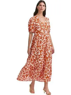 FINERY LONDON Sabine Floral Tiered Midi Dress - Orange Flowers