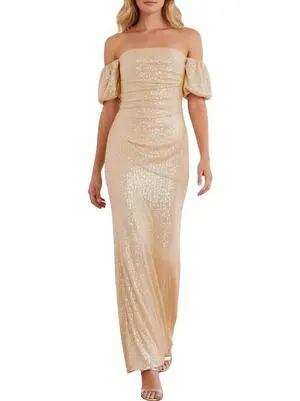 NEEDLE & THREAD Sunbeam Valentina Off-shoulder Gown - Antique Gold