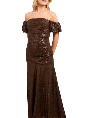 NEEDLE & THREAD Sunbeam Valentina Off-shoulder Gown - Chocolate