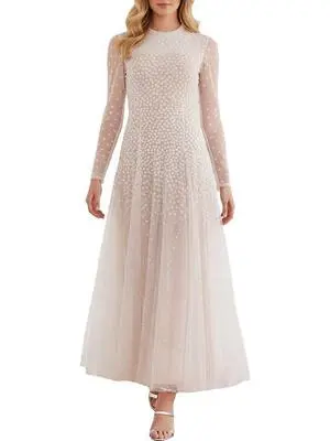 NEEDLE & THREAD Sequin Cascade Round Neck Gown - Cream/butterscotch