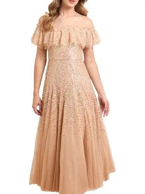 NEEDLE & THREAD Dappled Sequin Off-shoulder Ankle Gown - Butterscotch