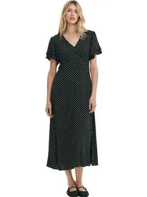 FINERY LONDON Saskia Polka Dot Midi Tea Dress - Black Spot