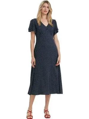 FINERY LONDON Saskia Polka Dot Midi Tea Dress - Navy Spot