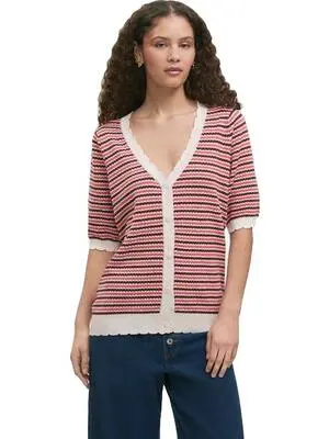 FINERY LONDON Willa Short Sleeve Striped Cardigan - Pink Stripe