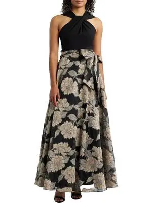 Eliza J Twist Neck Sleeveless Floral Gown - Black Champa